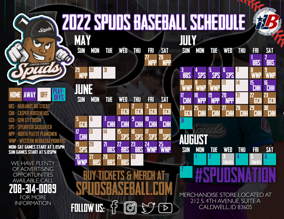 2022 Canyon County Spuds Baseball Schedule - Casper Spuds